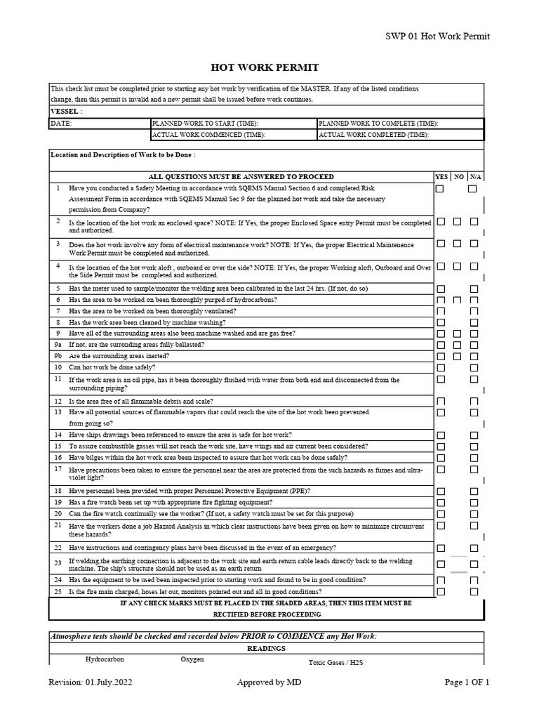 SWP 01 Hot Work Permit | PDF | Personal Protective Equipment | Fires