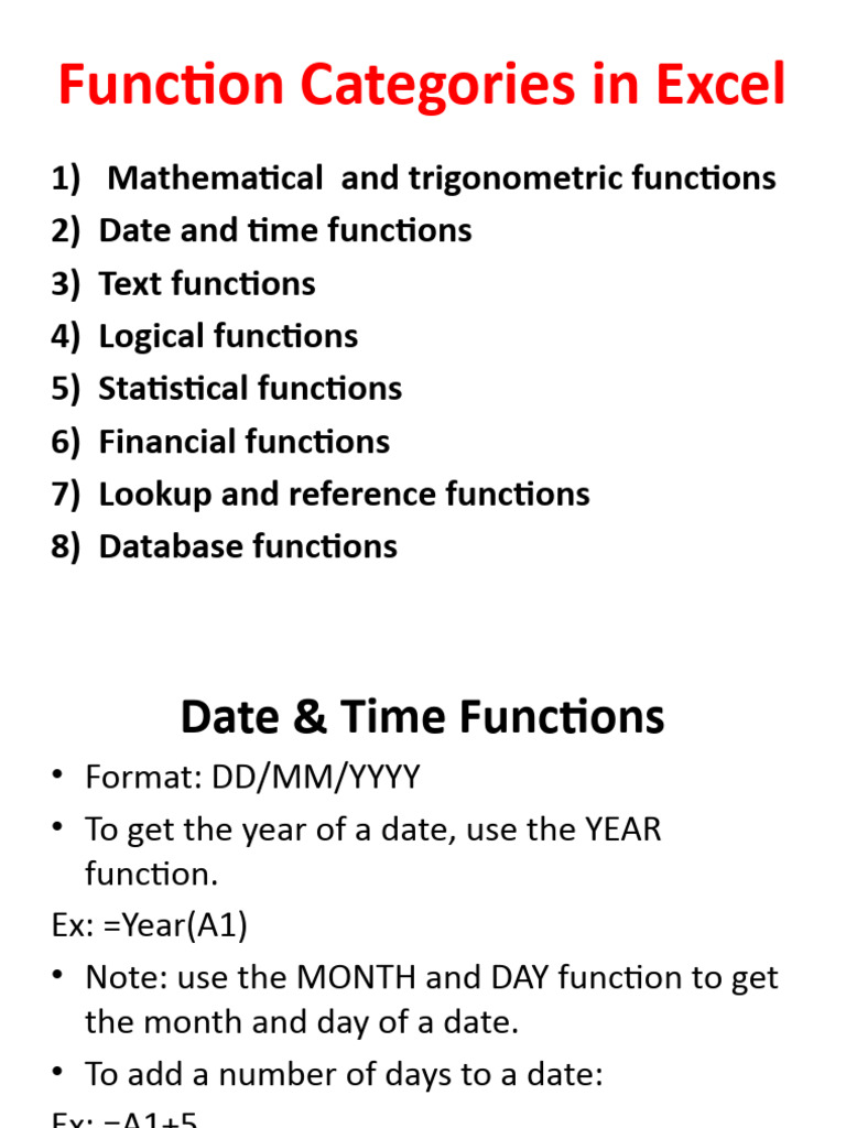 Function Categories in Excel | PDF | Mathematical Logic | Mathematics