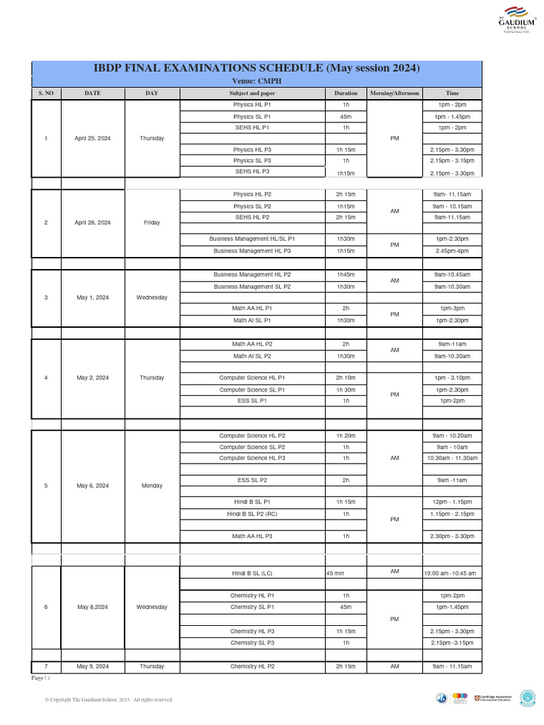 IBDP Final Exam Schedule | PDF
