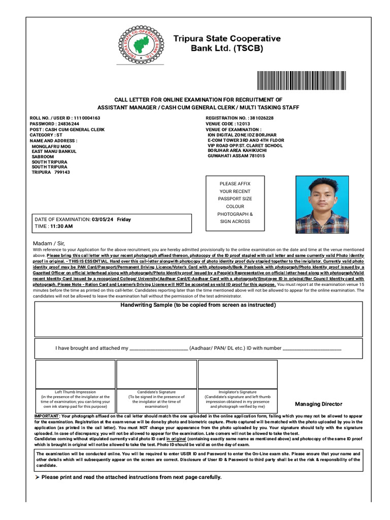 Exam Call Letter for Candidates | PDF | Identity Document