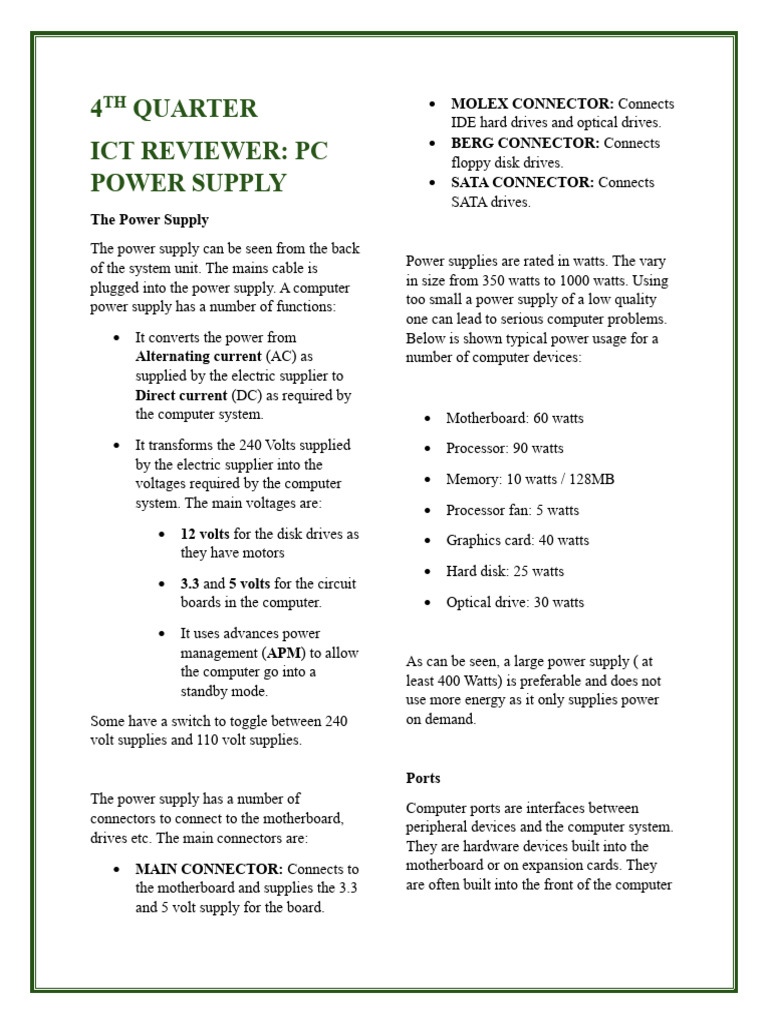 4th Quarter - Ict Reviewer | PDF | Power Supply | Usb