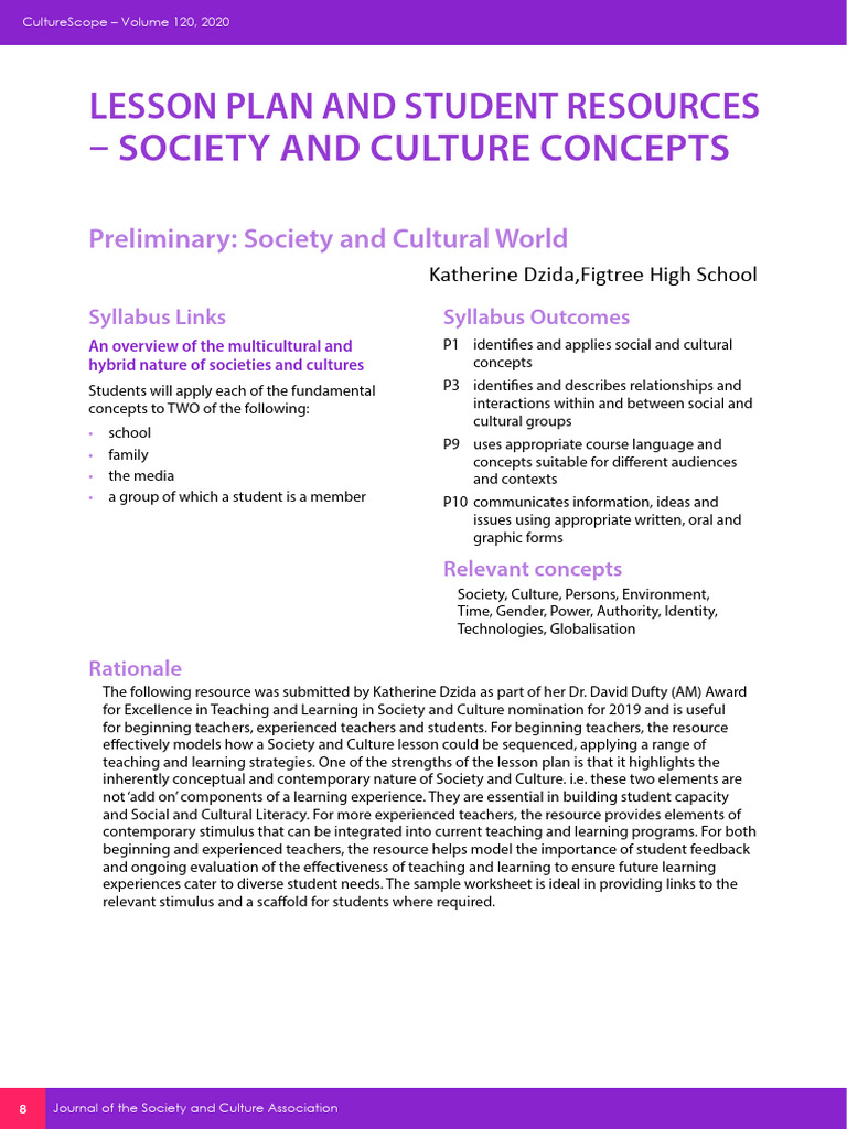 Society and Culture Lesson Plan Guide | PDF | Learning | Teachers