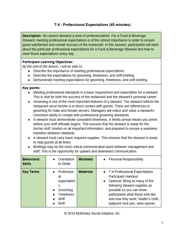 Professional Expectations for Stewards | PDF | Menu | Restaurants