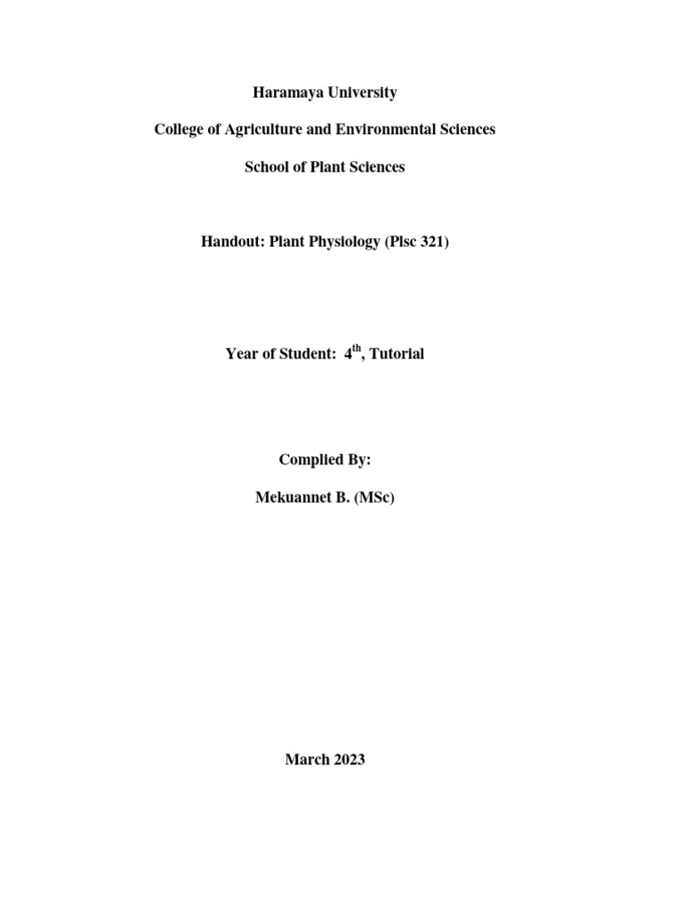 Plant Physiology Lecture Note (PLSC 321) | PDF | Chloroplast | Diffusion