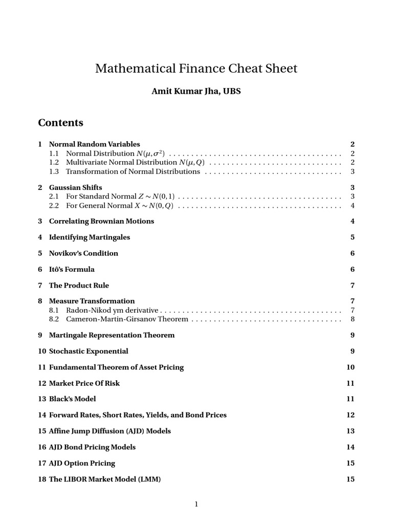 Mathematical Finance Cheat Sheet | PDF | Normal Distribution ...