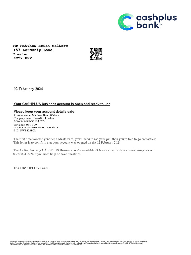 Cashplus Welcome Letter Franklins | PDF | Finance & Money Management