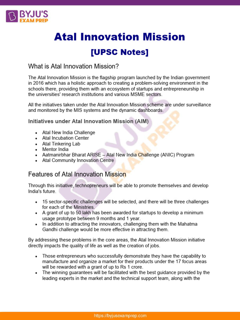 Atal Innovation Mission Upsc Notes 28 | PDF | Innovation | Startup Company