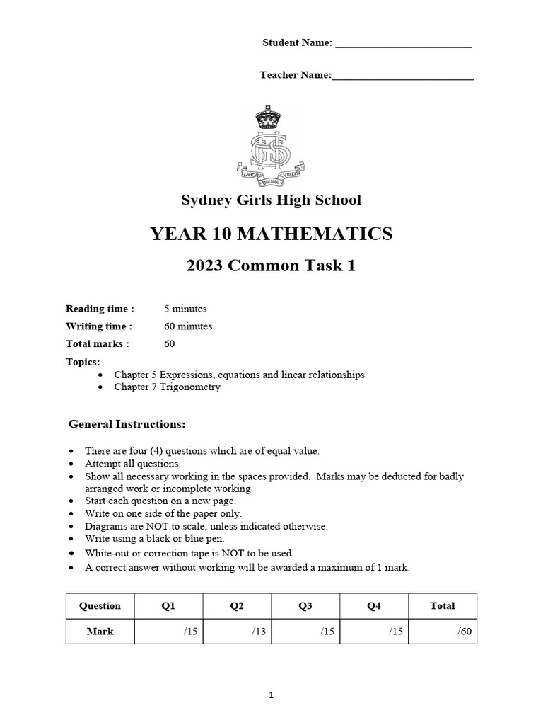 2023 Year 10 Task 1 | PDF | Equations | Geometry