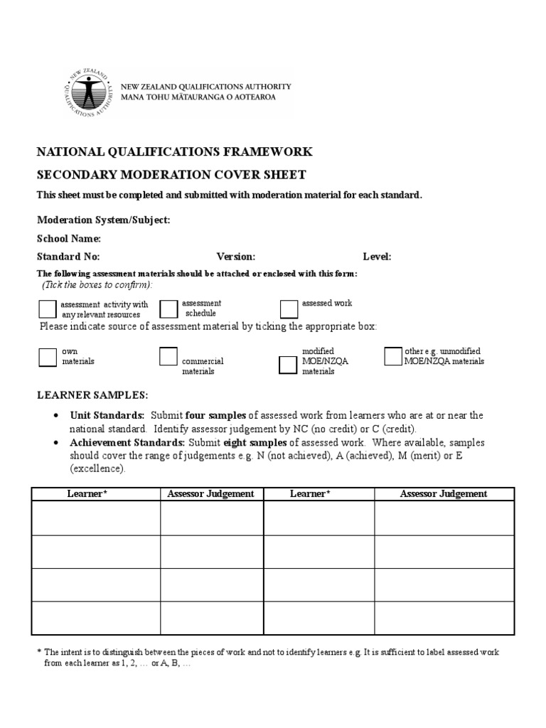 NZQA Secondary Moderation Cover Sheet | PDF