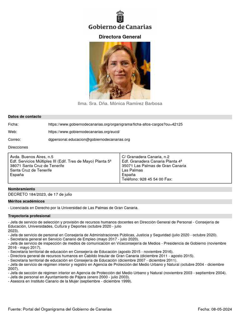 Directora General: Ilma. Sra. Dña. Mónica Ramírez Barbosa | PDF | Maestros | Islas Canarias