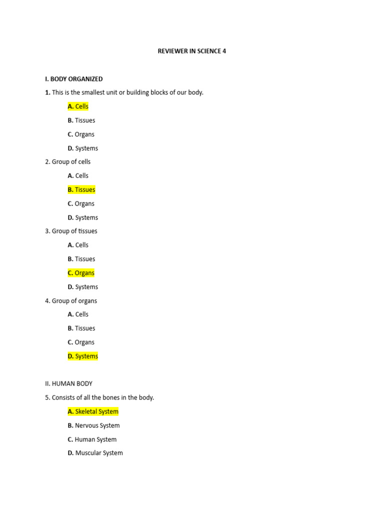 Reviewer in Science 4 Answer Key | PDF | Skeleton | Muscle