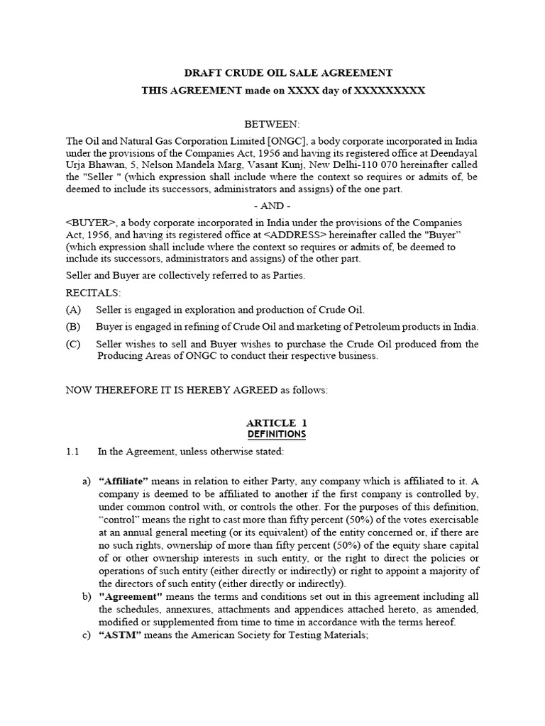 Crude Oil Sale Agreement Draft | PDF | Taxes | Barrel (Unit)