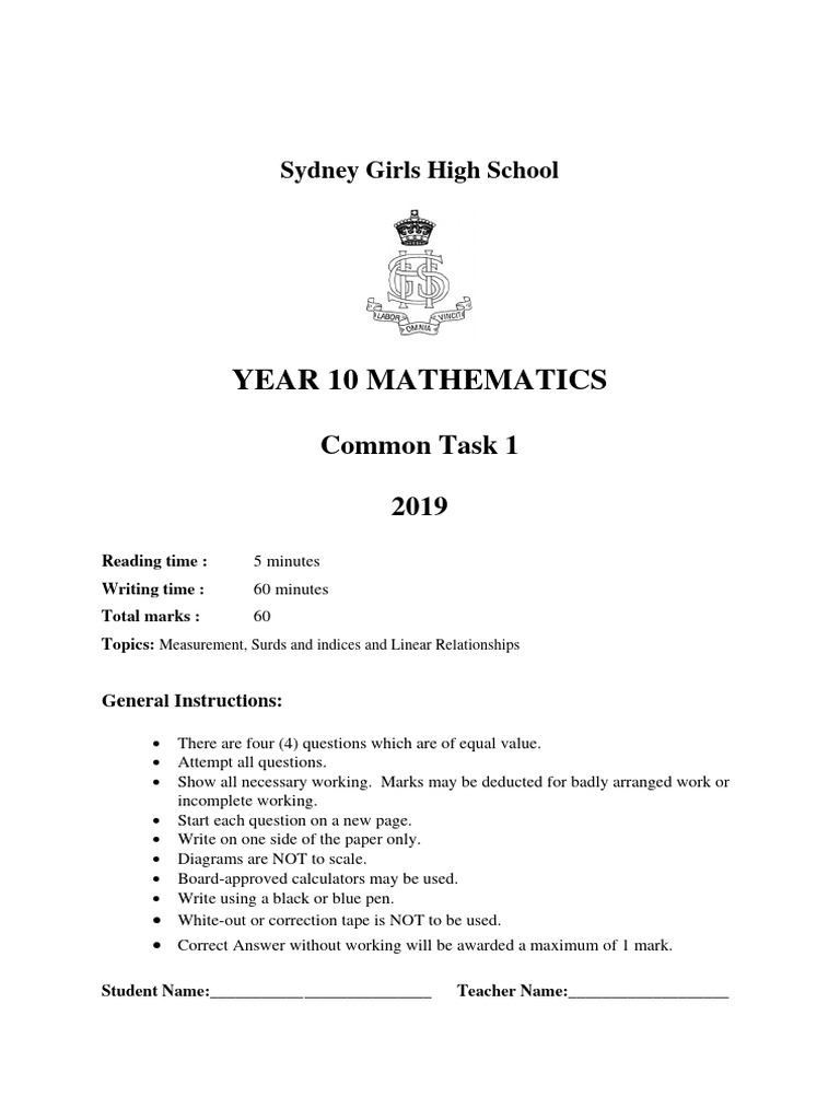2019 Year 10 Task 1 | PDF | Sphere | Numbers