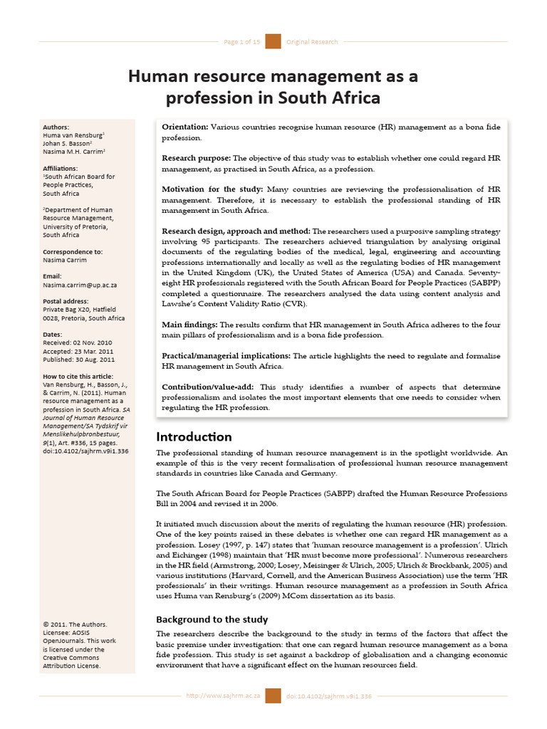 Van Rensburg Et Al. - HRM As A Profession in SA | PDF | Profession | Human Resource Management