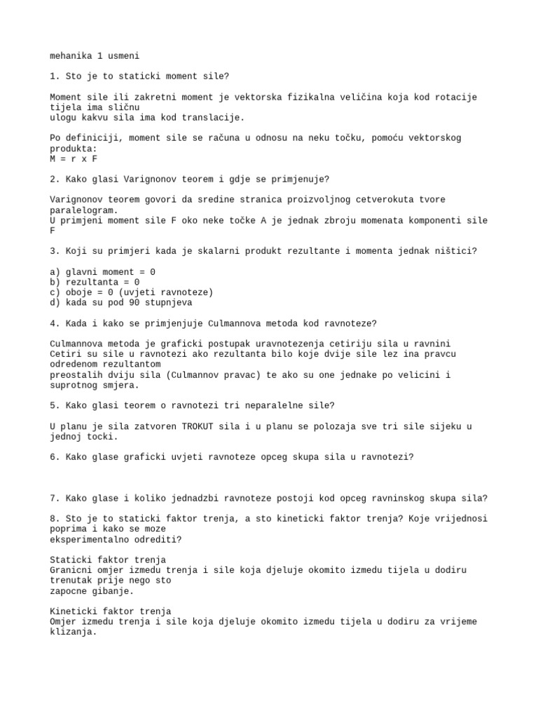 Mehanika 1 Usmeni | PDF