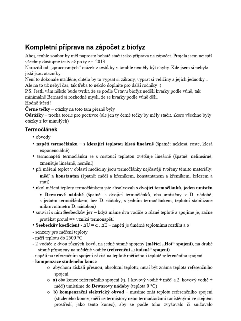 Cvika Kompletní Příprava Na Zápočet Z Biofyz | PDF