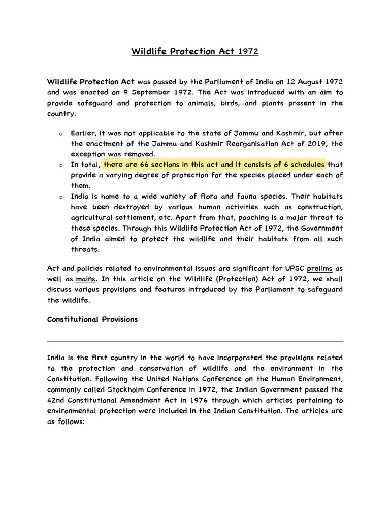 Wildlife Protection Act 1972 Overview | PDF | Zoo | Natural Environment
