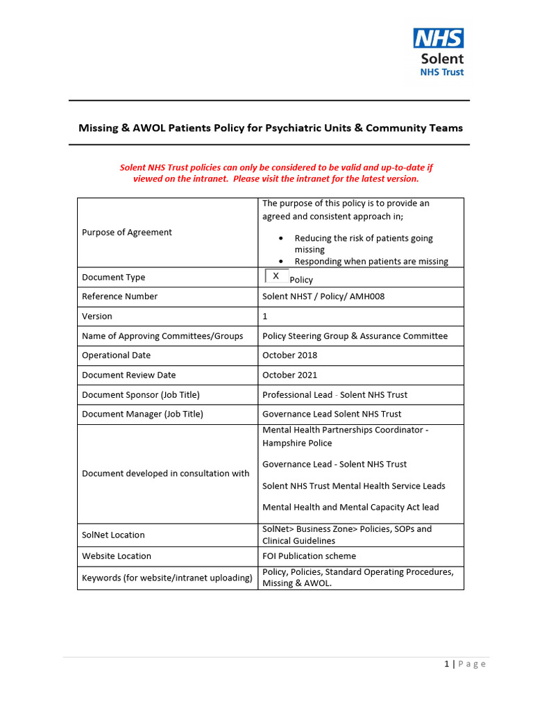 Missing & AWOL Patients Policy Guide | PDF | Patient | Mental Health