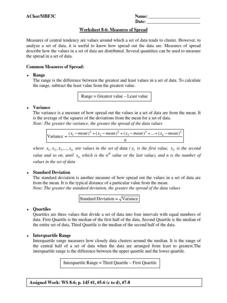 Ws8 6 Measures Of Spread Pdf Quartile Median