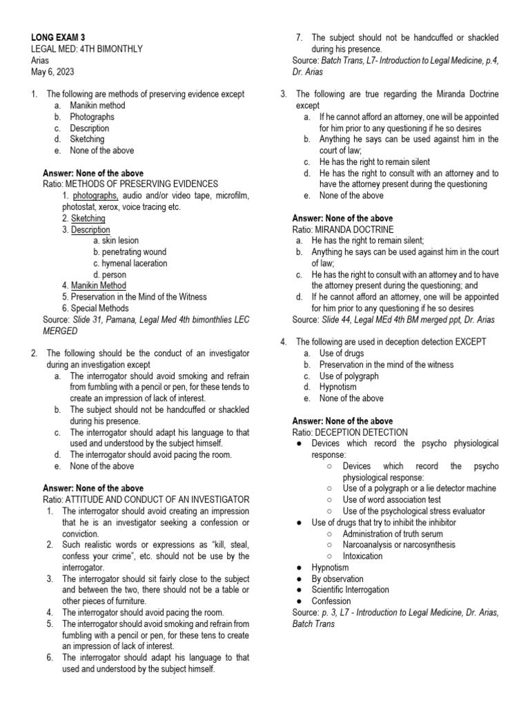 Legal Medicine Exam Key Points | PDF | Polygraph | Hypnosis