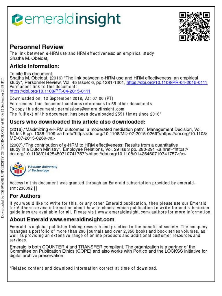 Obeidat - Link Between e-HRM Use and HRM Effectiveness | PDF | Human Resource Management | Business