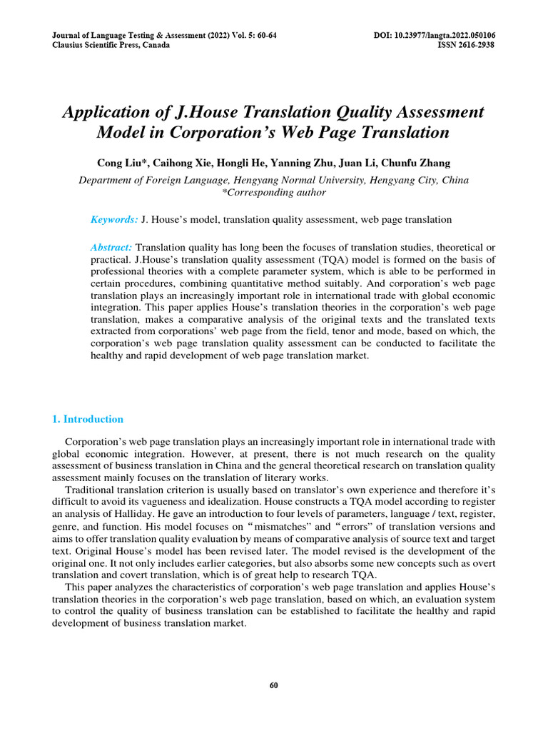 Application of J.House Translation Quality Assessment | Download Free ...