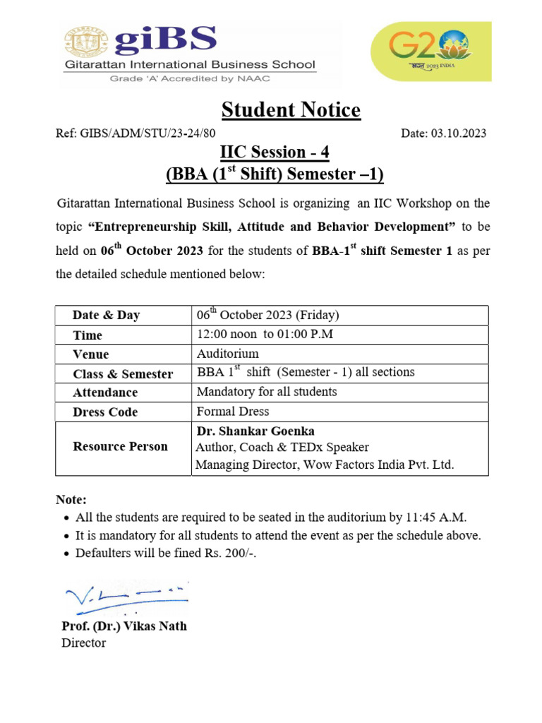 Student Notice: IIC Session - 4 (BBA (1 Shift) Semester - 1) | PDF ...