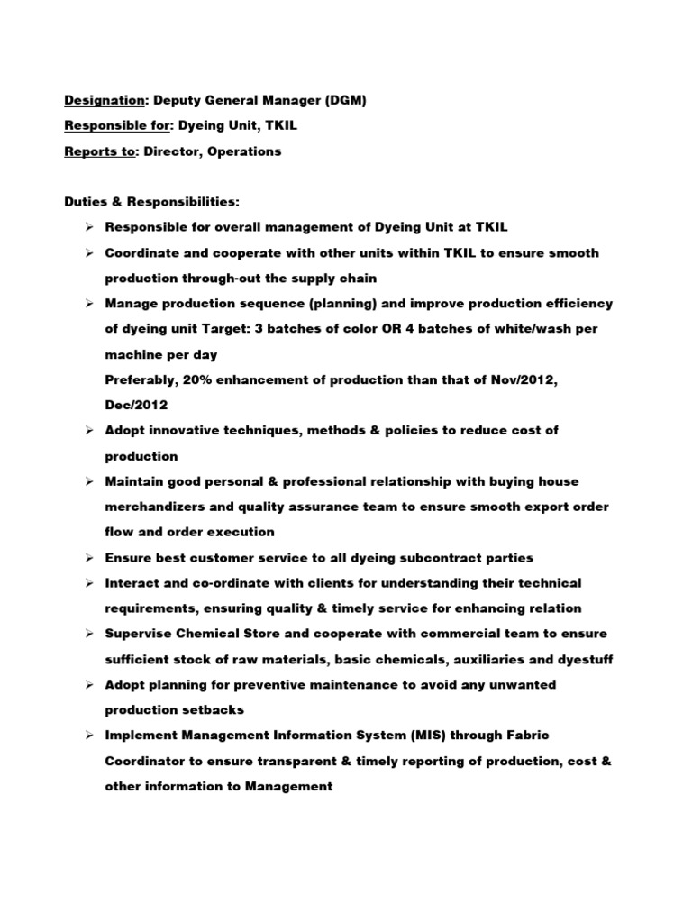 Deputy General Manager Role in Dyeing Unit | PDF