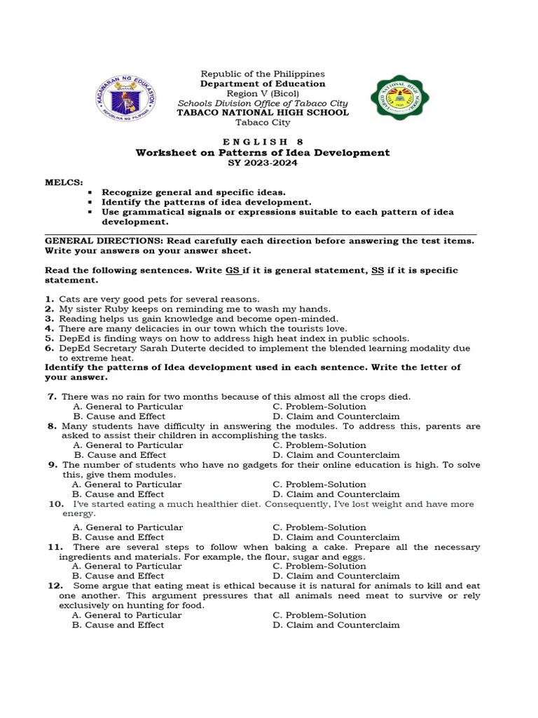 Worksheet On Patterns of Idea Development | PDF | Causality | Cognition