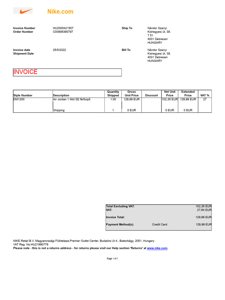 Nike Invoice for Air Jordan 1 Mid SE | PDF