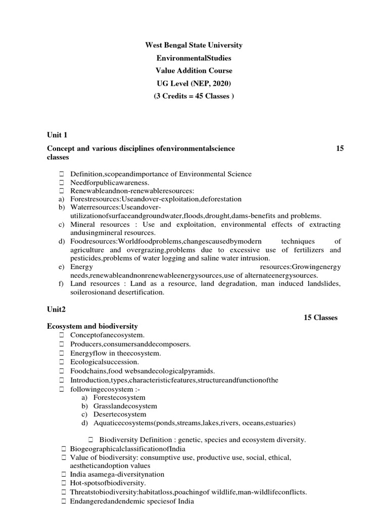 EVS VAC Proposed Syllabus WBSU 2023 | PDF | Biodiversity | Environmental Degradation