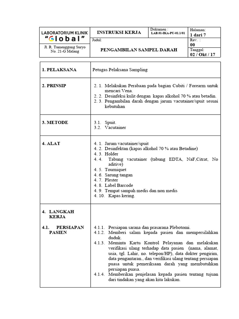 LAB.01-IKA-PU-01.1-01 IK PENGAMBILAN SAMPEL DARAH Rev.01 | PDF