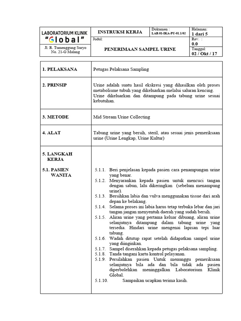 LAB.01-IKA-PU-01.1-02 IK PENGAMBILAN SAMPEL URINE Rev.00 | PDF