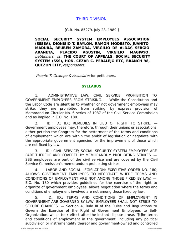 SSS Employees Association (SSSEA) v. Court of Appeals | PDF | Injunction | Strike Action