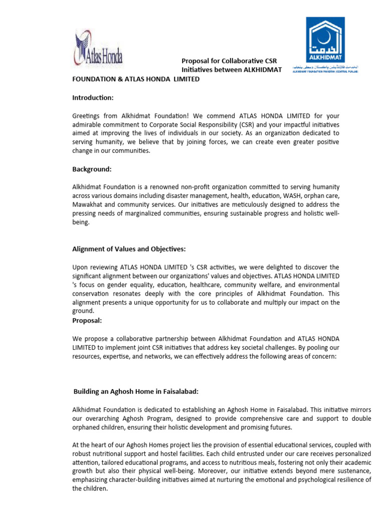 Proposal For Collaborative CSR Initiatives Between ALKHIDMAT FOUNDATION ...