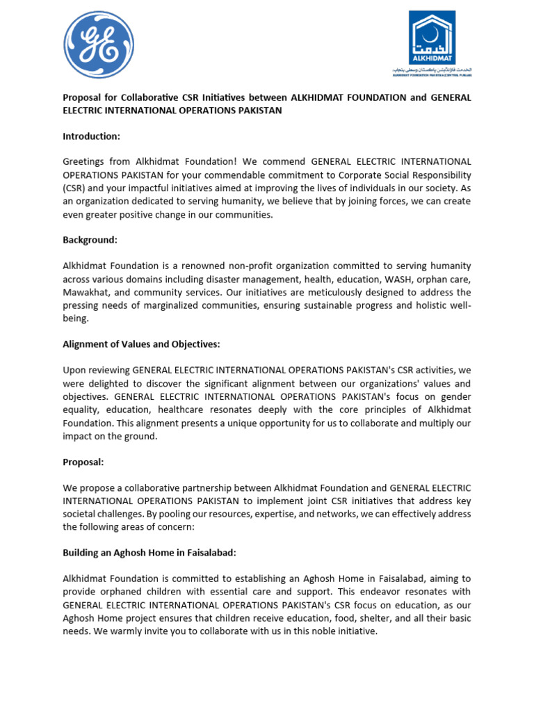 Proposal For Collaborative CSR Initiatives Between ALKHIDMAT FOUNDATION ...