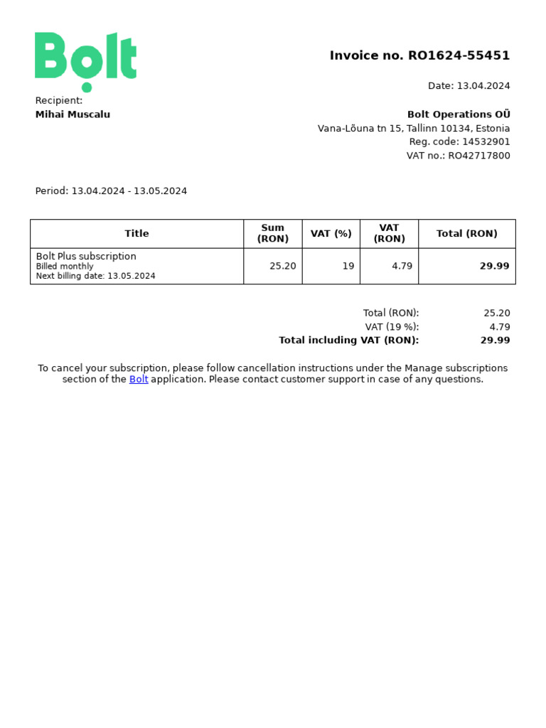 Subscription Invoice From Bolt | PDF