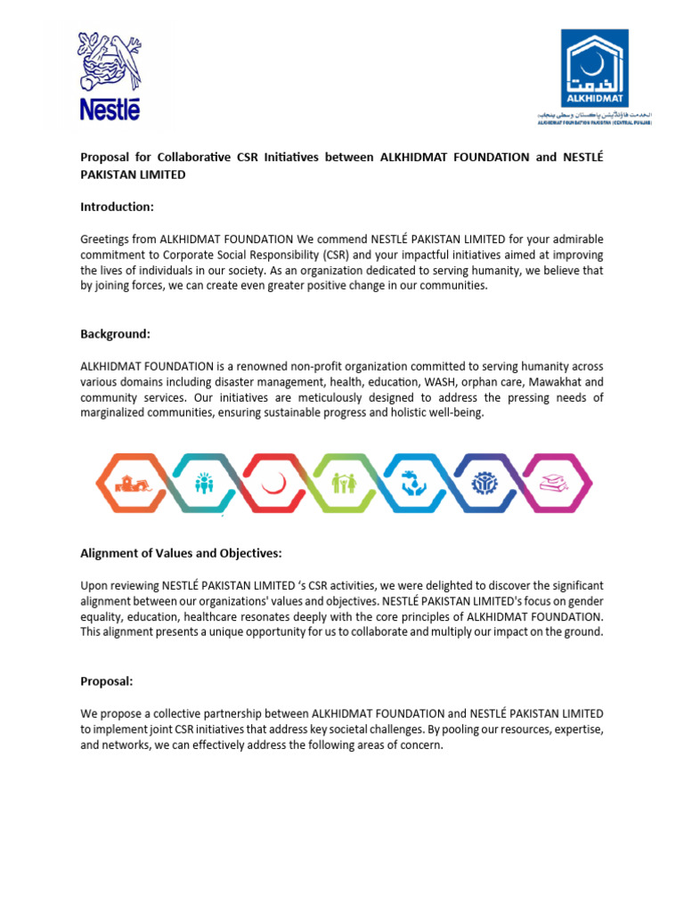 Proposal for Collaborative Csr Initiatives Between Alkhidmat Foundation ...