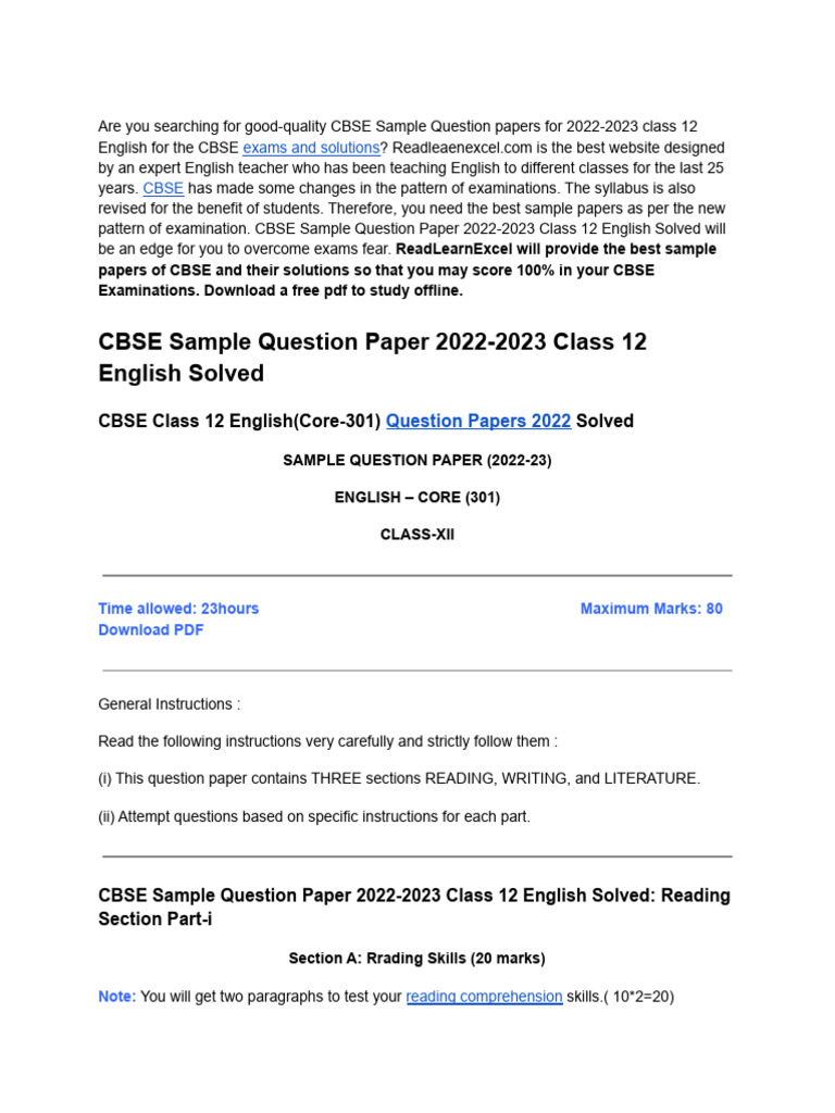 CBSE Sample Question Paper 2022 2023 Class 12 English Solved | PDF ...