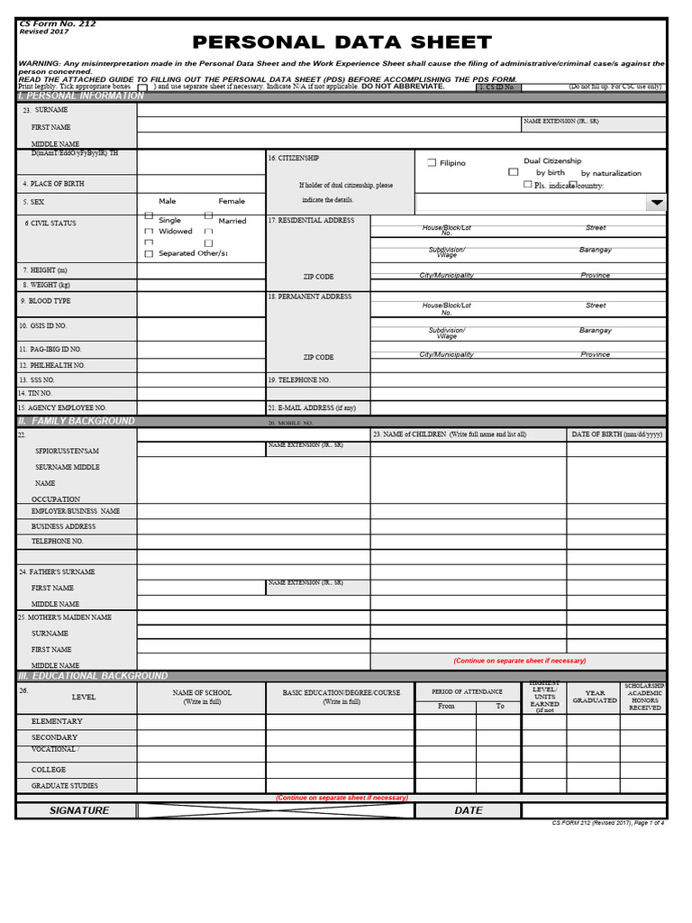 Main - Cs Form 212 Personal Data Sheet Philippines | PDF | Passport ...