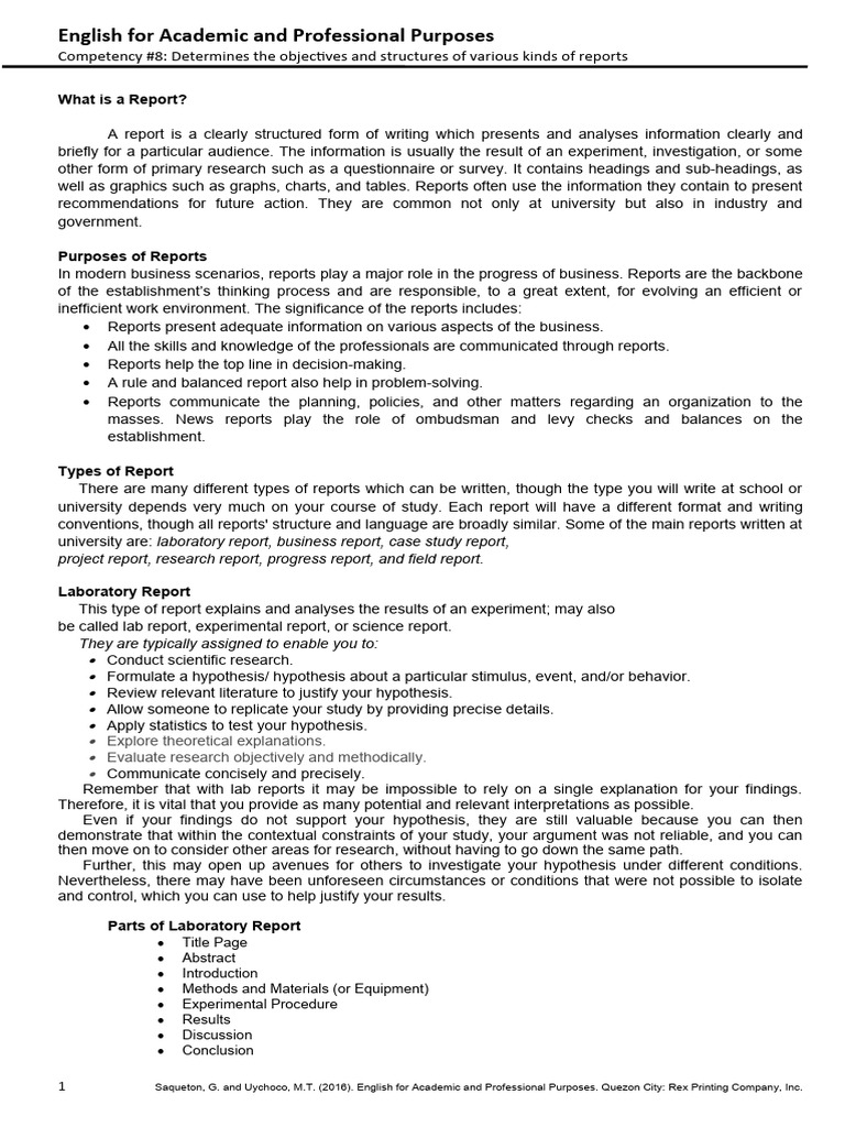 Lesson 8 EAPP Objectives and Structures of Various Kinds of Reports | PDF | Survey Methodology ...