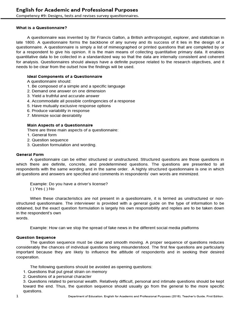 Lesson-9-EAPP-Questionnaire | PDF | Questionnaire | Survey Methodology