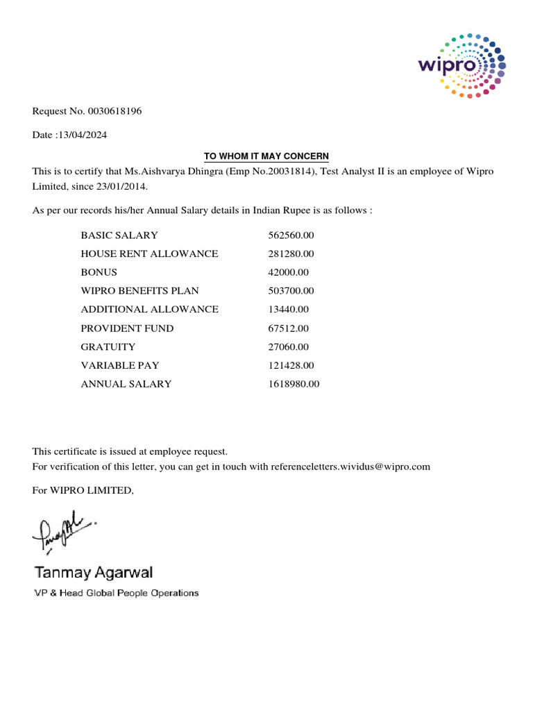 Wipro Salary Certificate for Aishvarya Dhingra | PDF