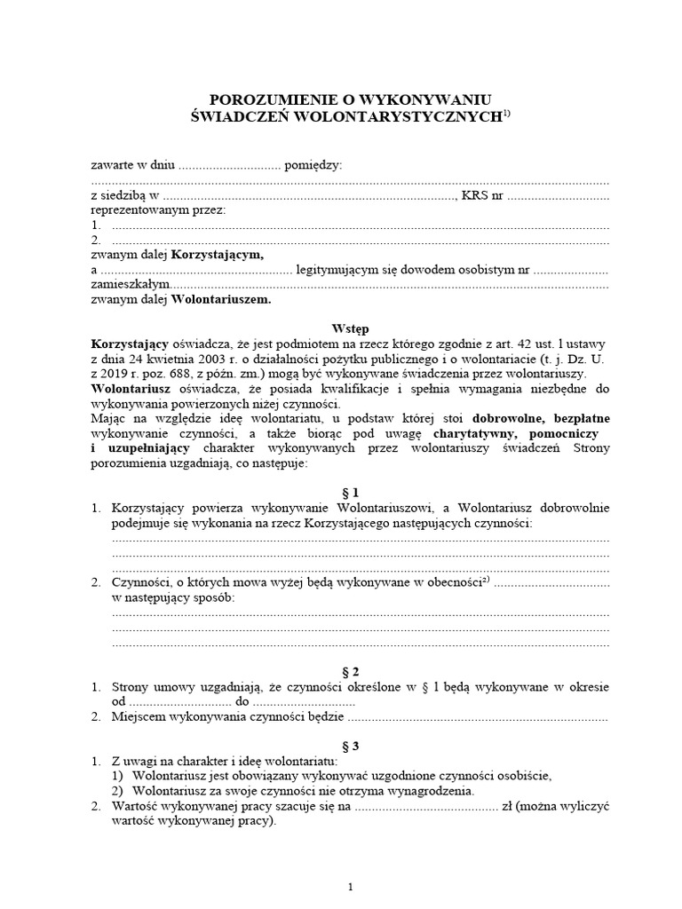 Porozumienie Wolontariat | PDF