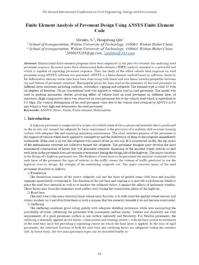 Finite Element Analysis of Pavement Design Using ANSYS Finite Element Code - PDF | PDF