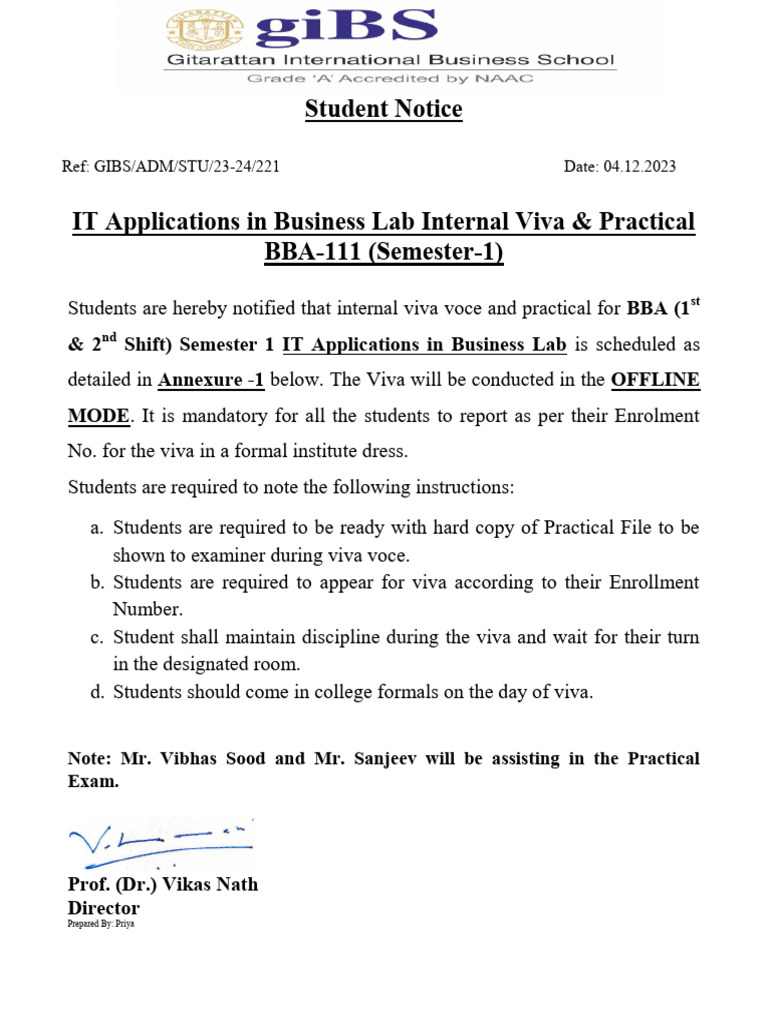 Student Notice: Ref: GIBS/ADM/STU/23-24/221 Date: 04.12.2023 | PDF ...