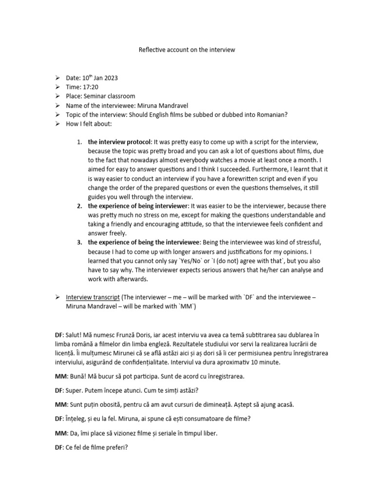 Reflective Account On The Interview | PDF