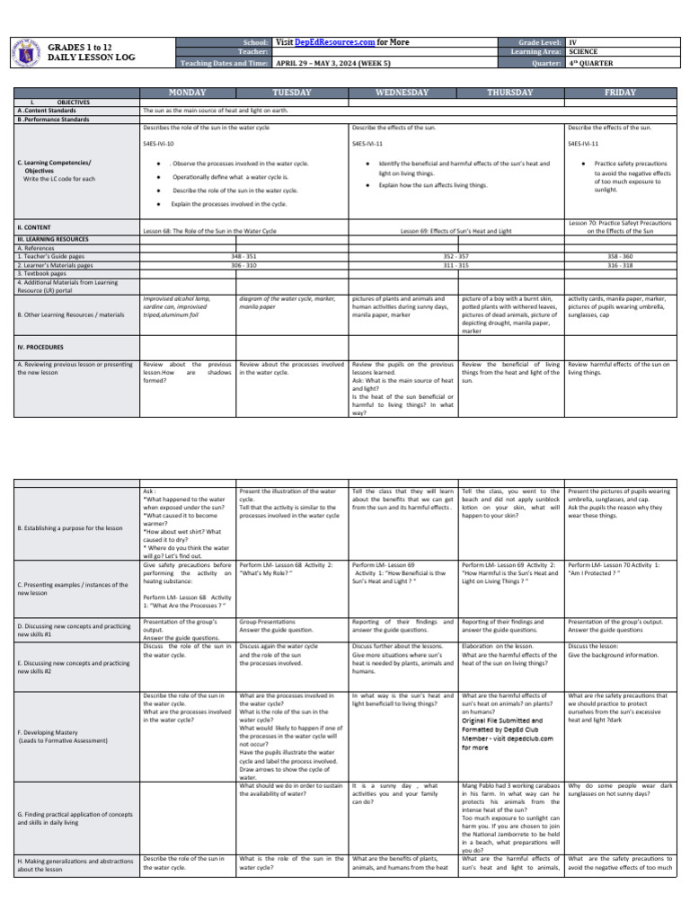 DLL - Science 4 - Q4 - W5 | PDF | Water | Learning
