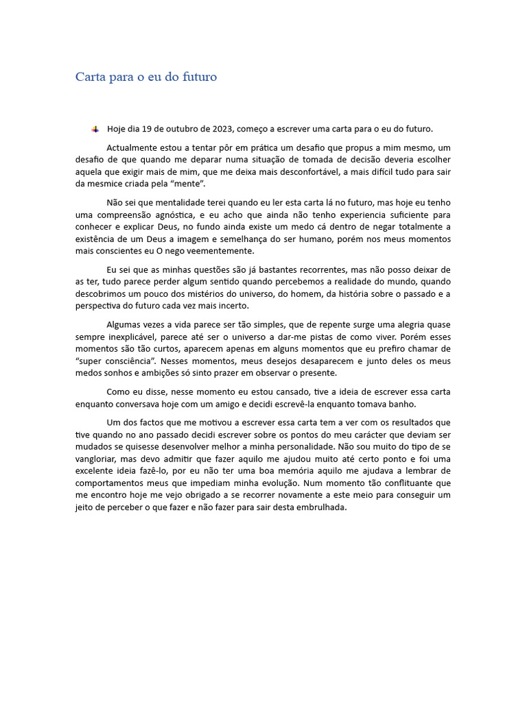 A Carta Para O Eu Do Futuro Pdf Experiência