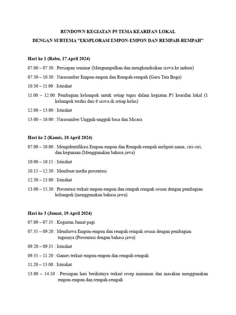 Rundown Kegiatan P5 Tema Kearifan Lokal | PDF